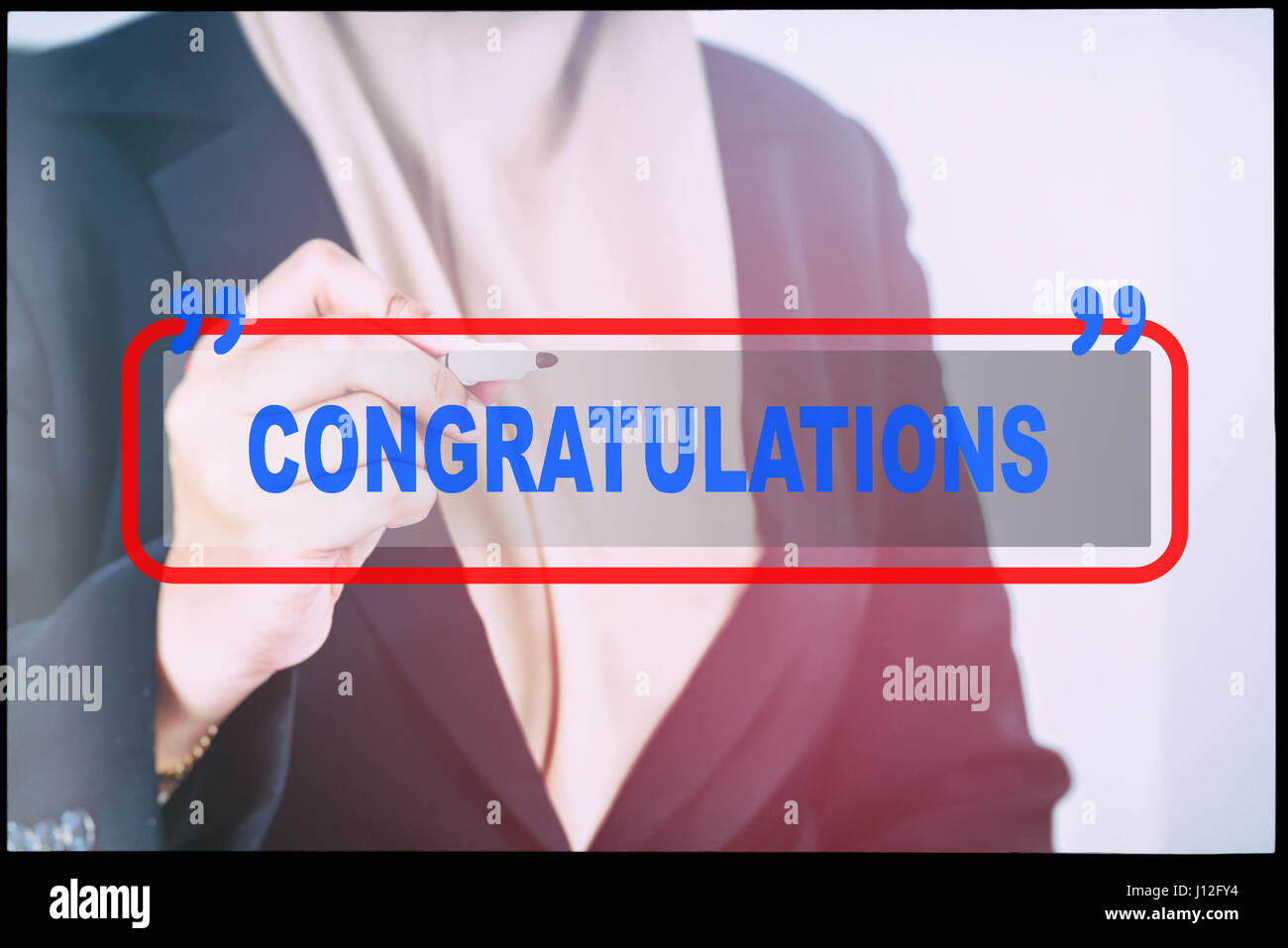 Hand and text "CONGRATULATIONS" with vintage background. Technology ...