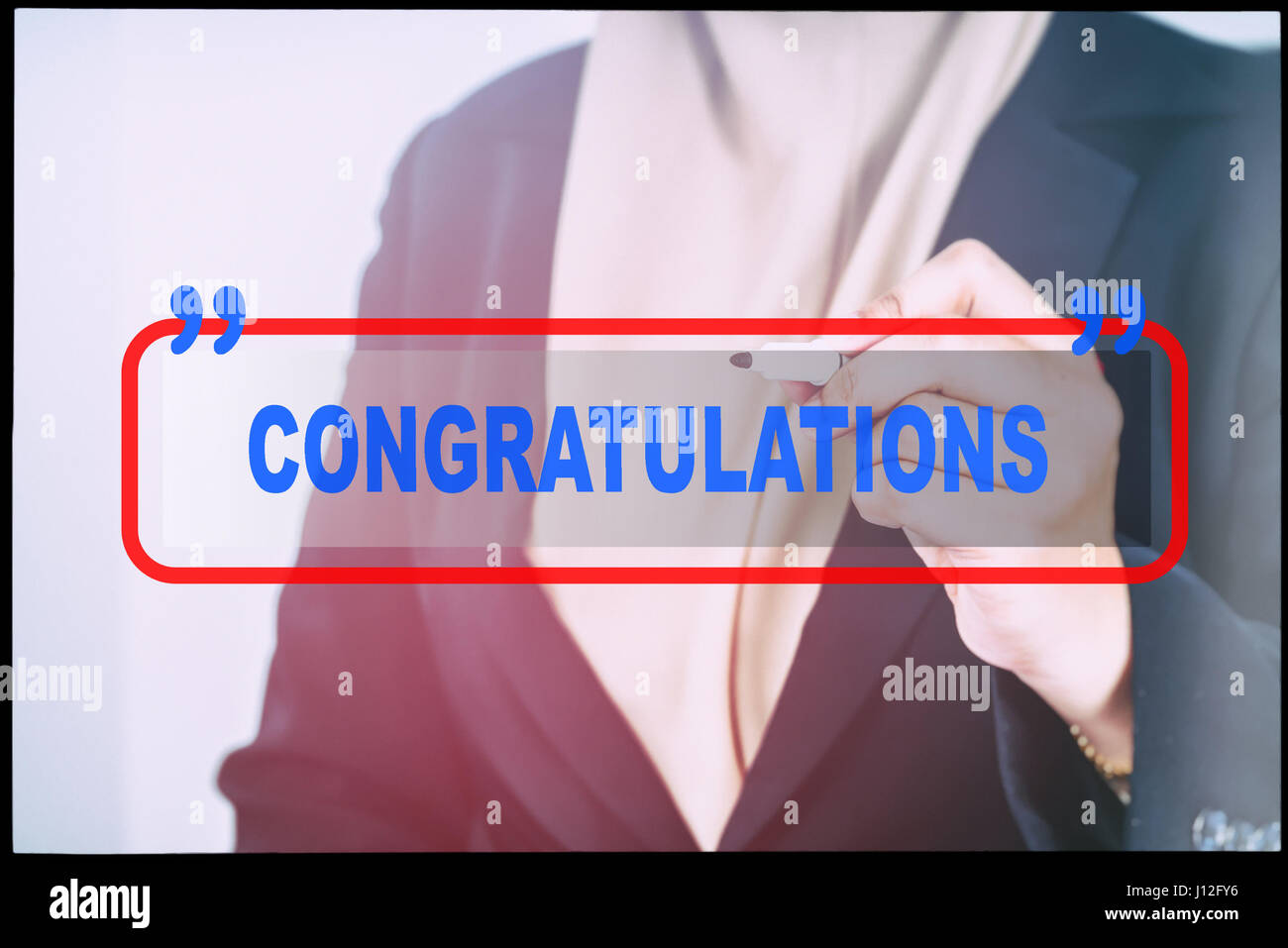 Hand and text "CONGRATULATIONS" with vintage background. Technology ...