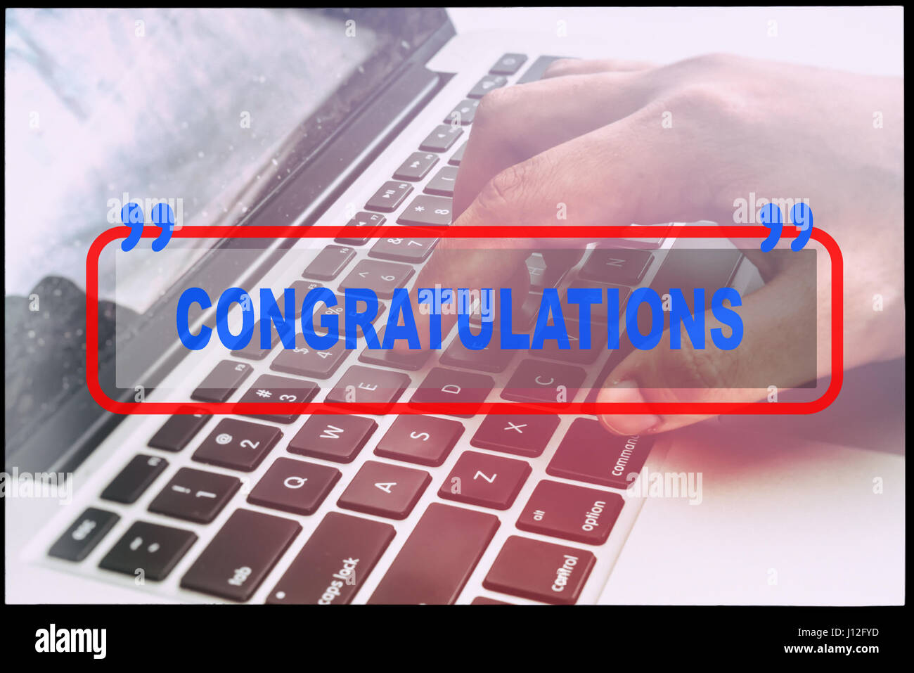 Hand and text "CONGRATULATIONS" with vintage background. Technology ...