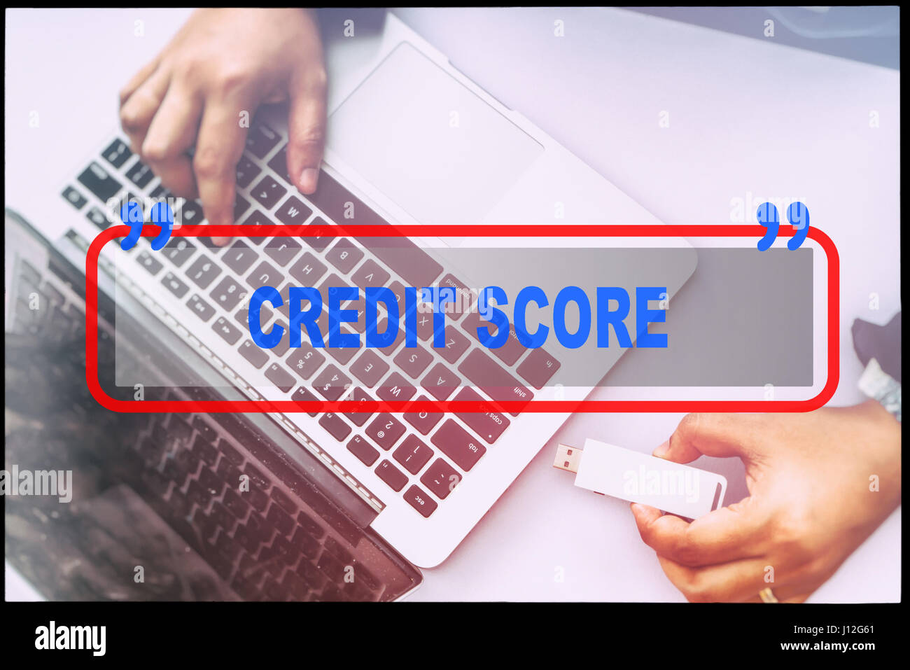 Hand and text "CREDIT SCORE" with vintage background. Technology ...