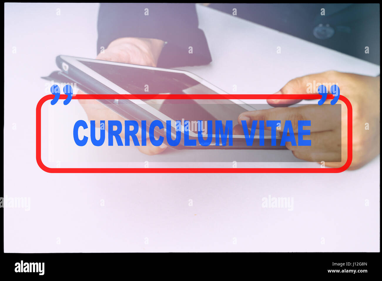 Hand and text "curriculum vitae" with vintage background. Technology ...