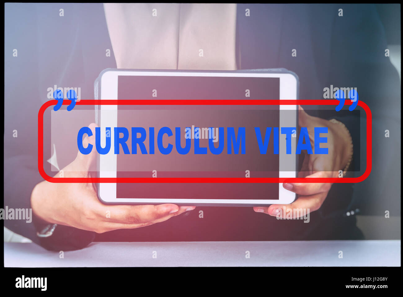 Hand and text "curriculum vitae" with vintage background. Technology ...