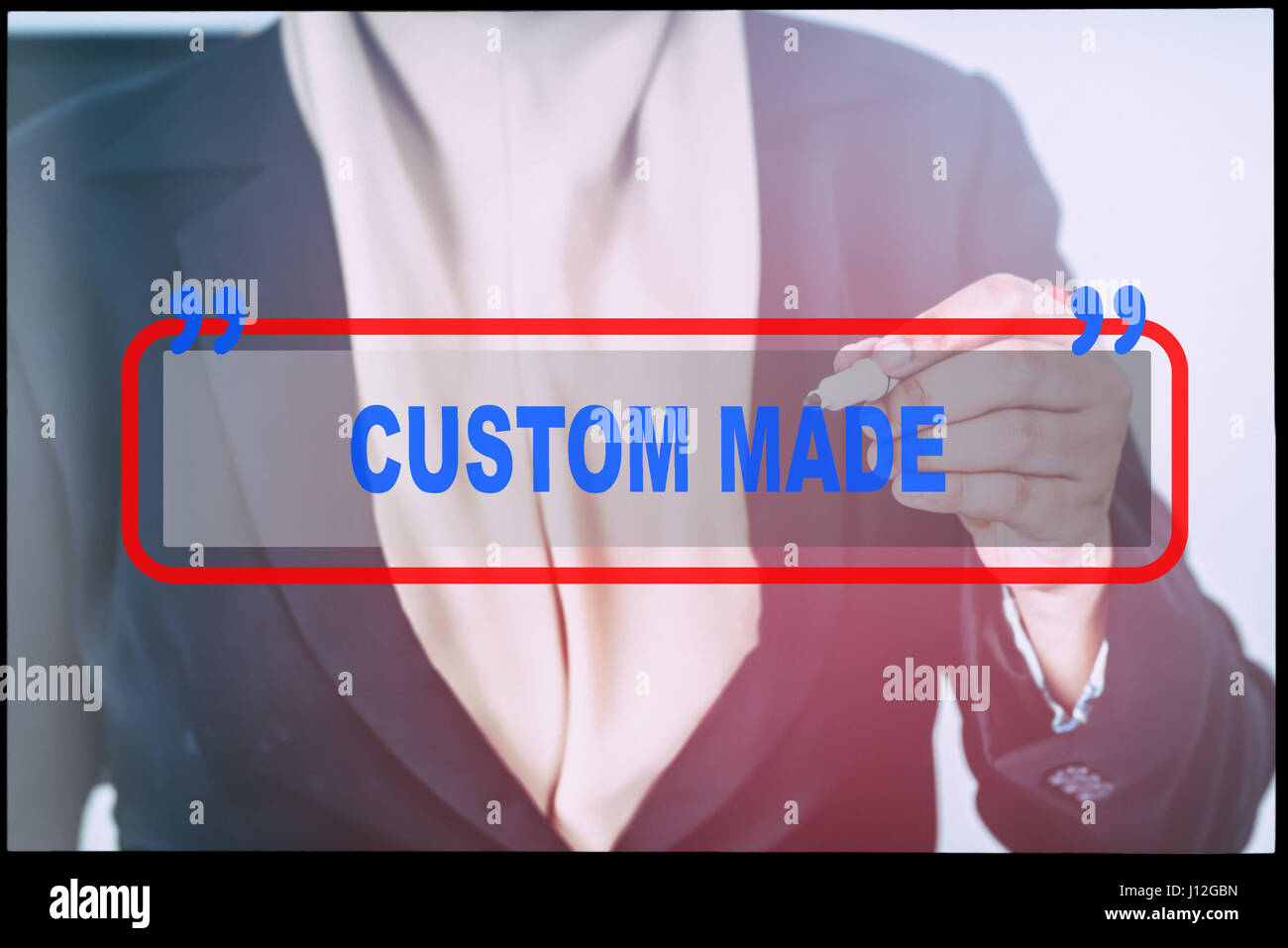 Hand and text "CUSTOM MADE" with vintage background. Technology concept ...