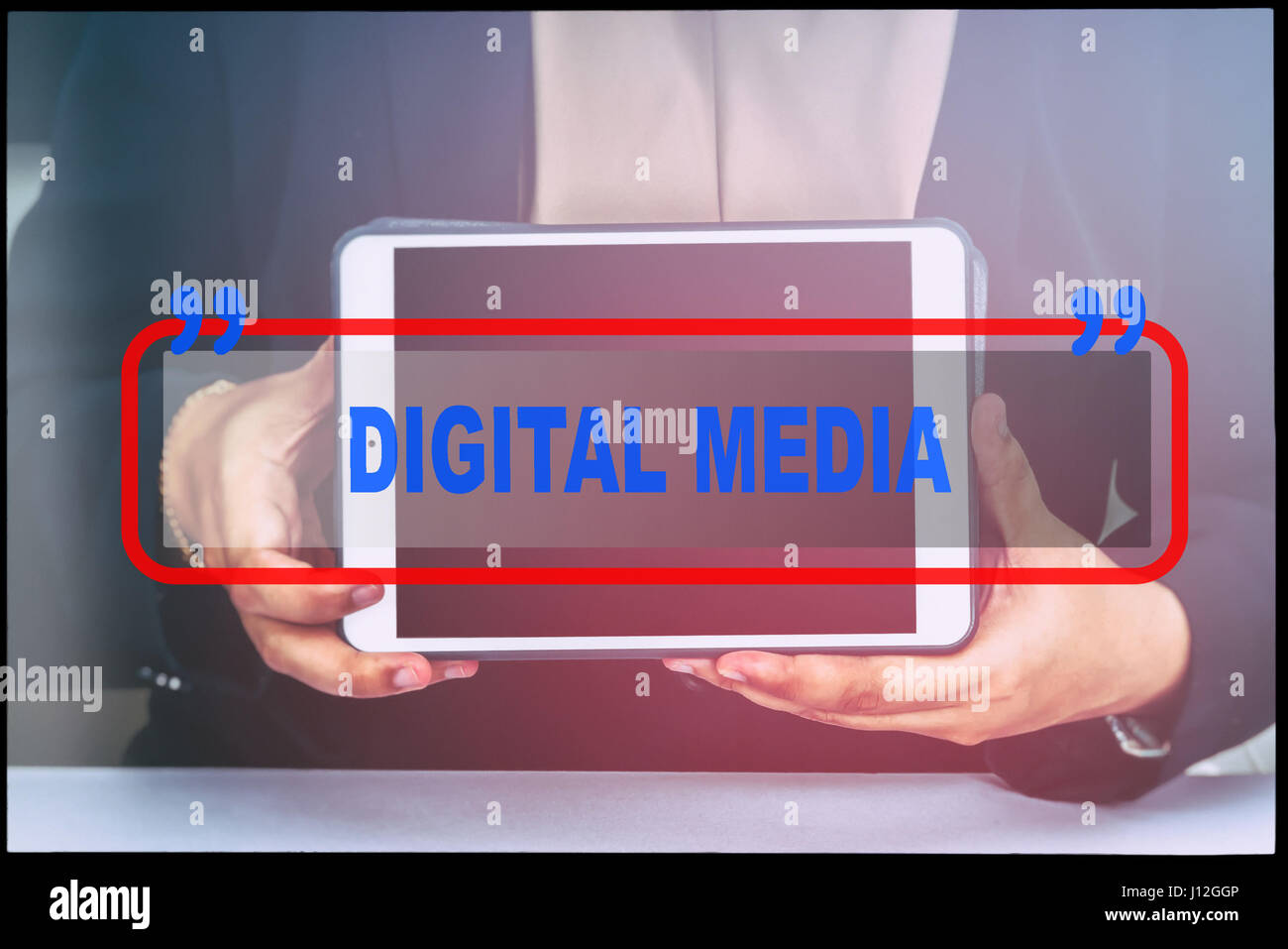 Hand and text "DIGITAL MEDIA" with vintage background. Technology ...