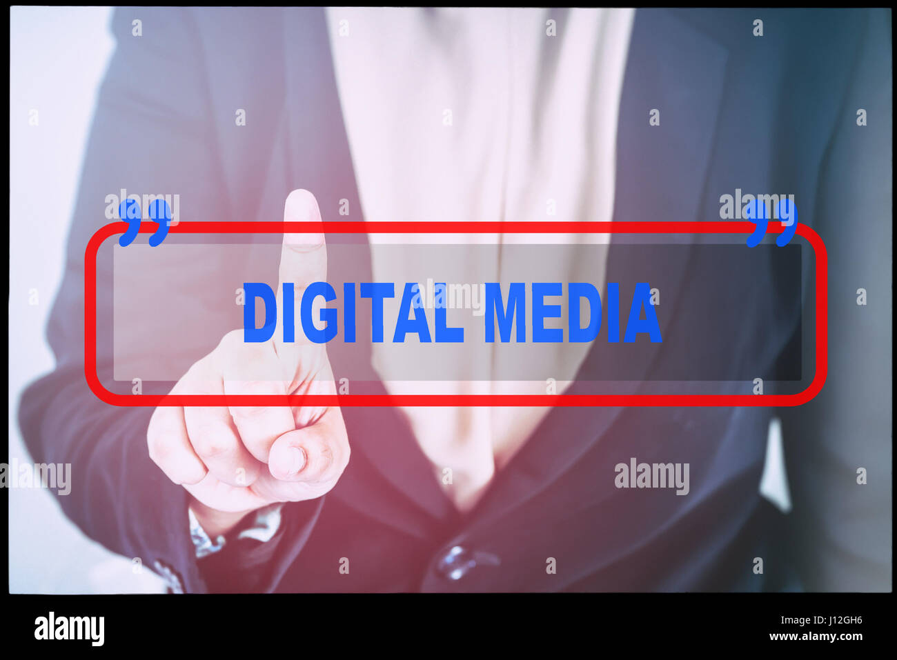 Hand and text "DIGITAL MEDIA" with vintage background. Technology ...