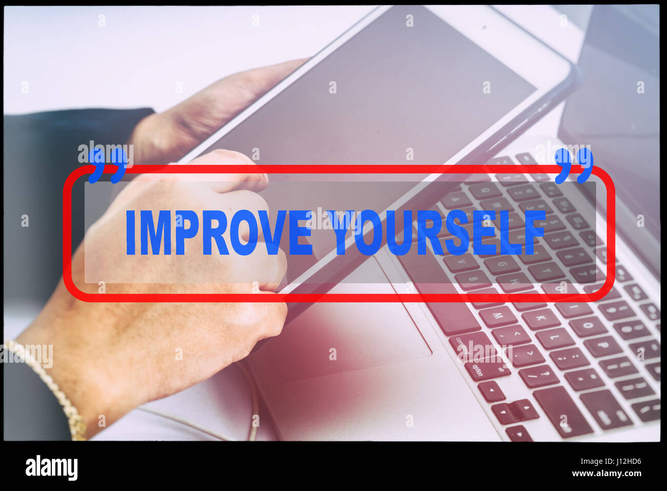 Hand and text "IMPROVE YOURSELF" with vintage background. Technology ...