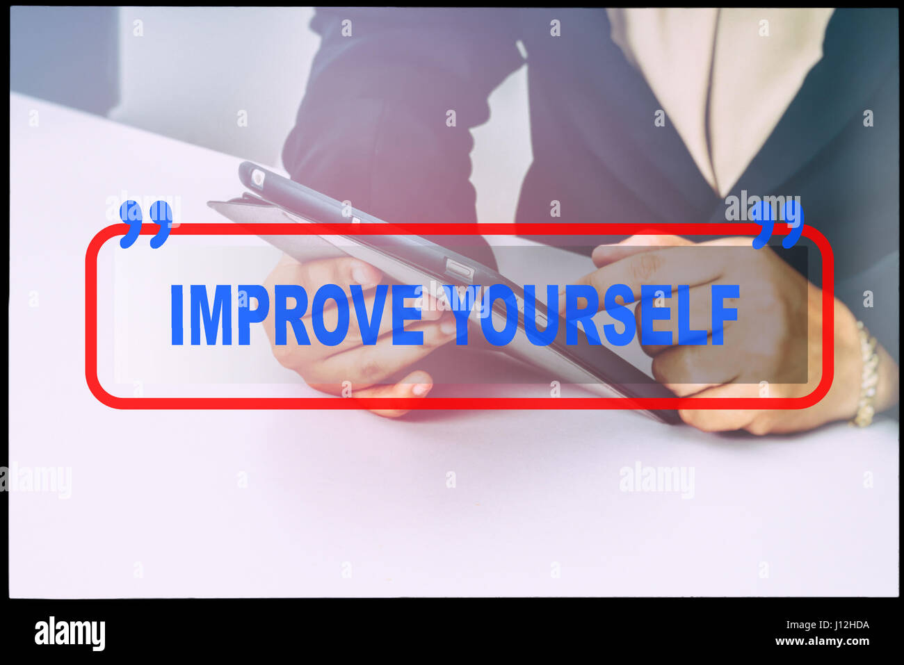 Hand and text "IMPROVE YOURSELF" with vintage background. Technology ...