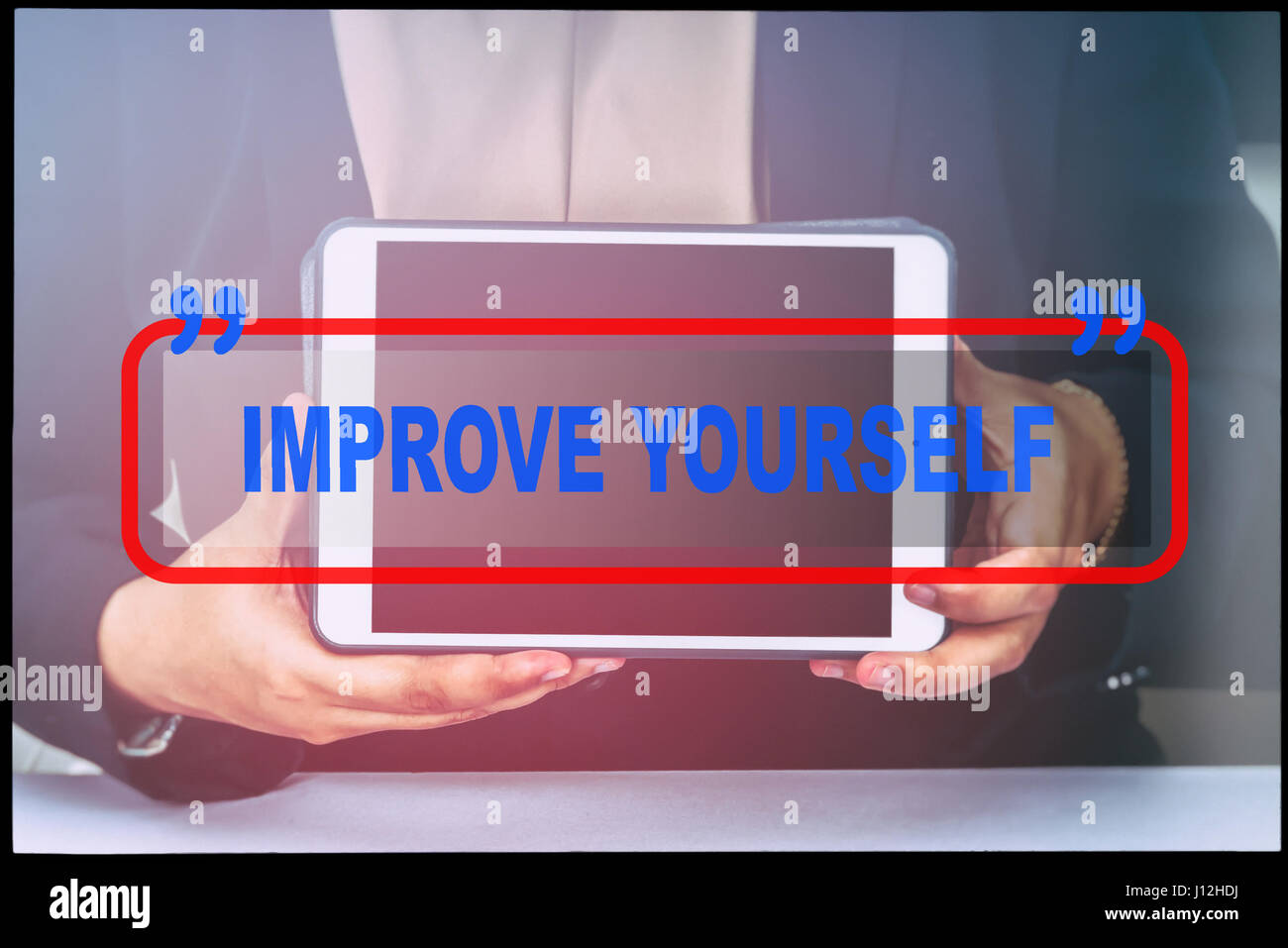 Hand and text "IMPROVE YOURSELF" with vintage background. Technology ...