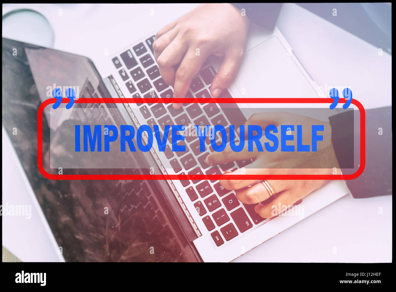 Hand and text "IMPROVE YOURSELF" with vintage background. Technology ...