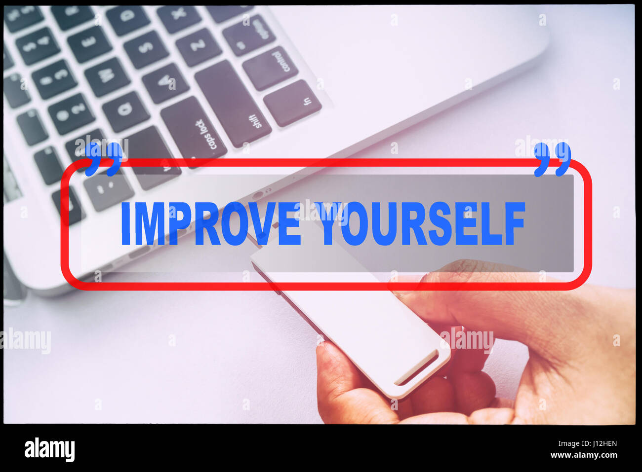 Hand and text "IMPROVE YOURSELF" with vintage background. Technology ...