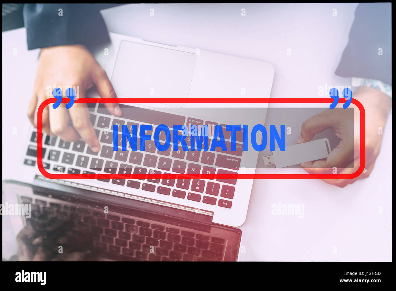 Hand and text "INFORMATION" with vintage background. Technology concept ...