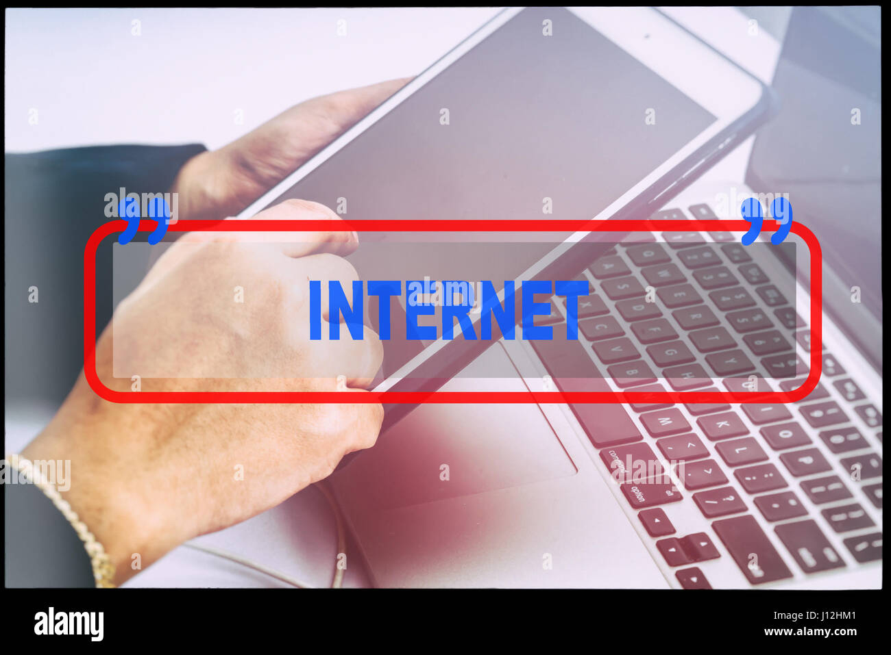 Hand and text "INTERNET" with vintage background. Technology concept ...