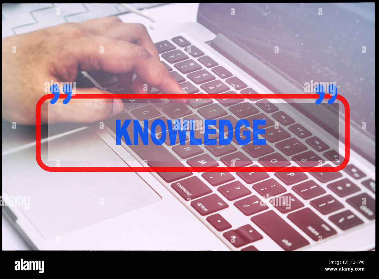 Hand and text "KNOWLEDGE" with vintage background. Technology concept ...