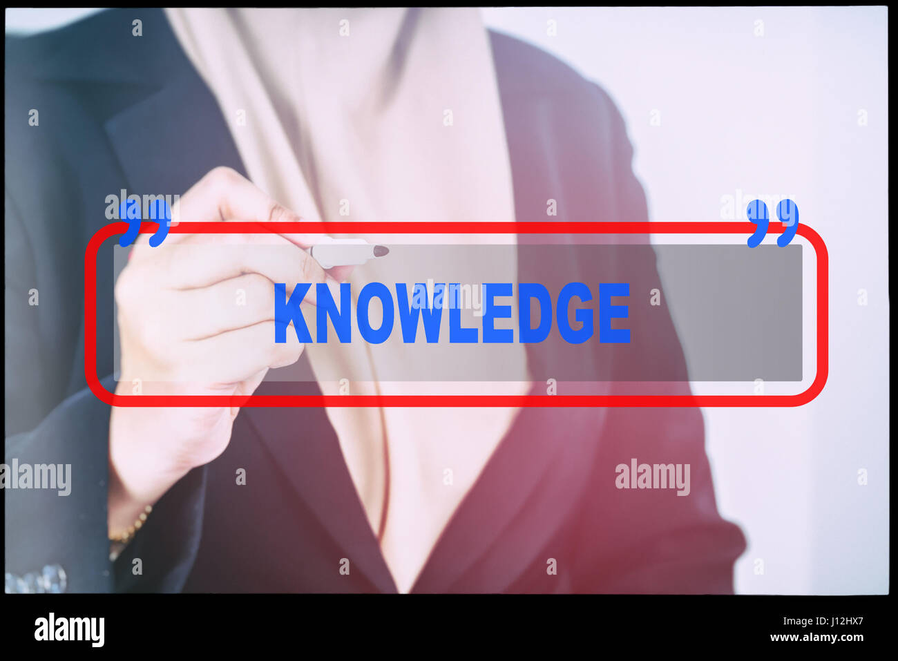Hand and text "KNOWLEDGE" with vintage background. Technology concept ...