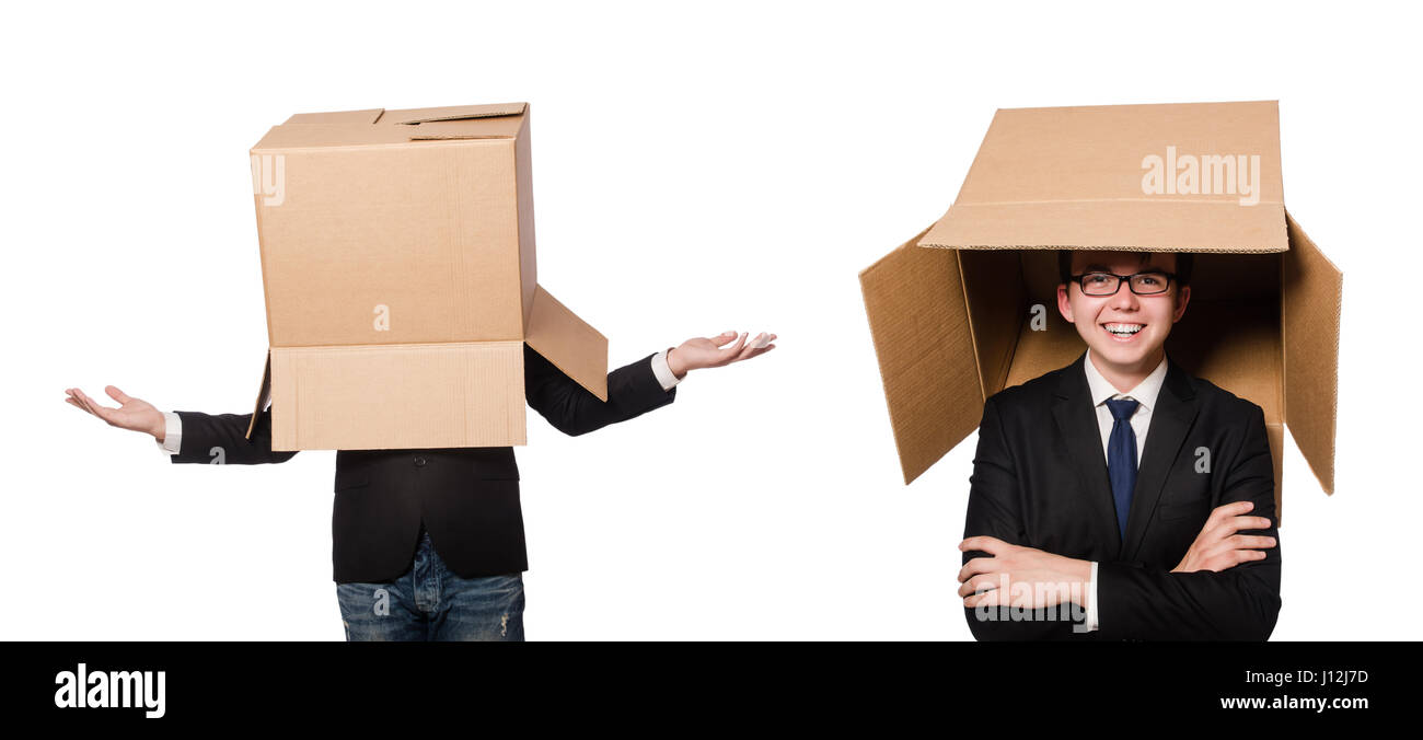 Funny man with boxes isolated on white Stock Photo - Alamy