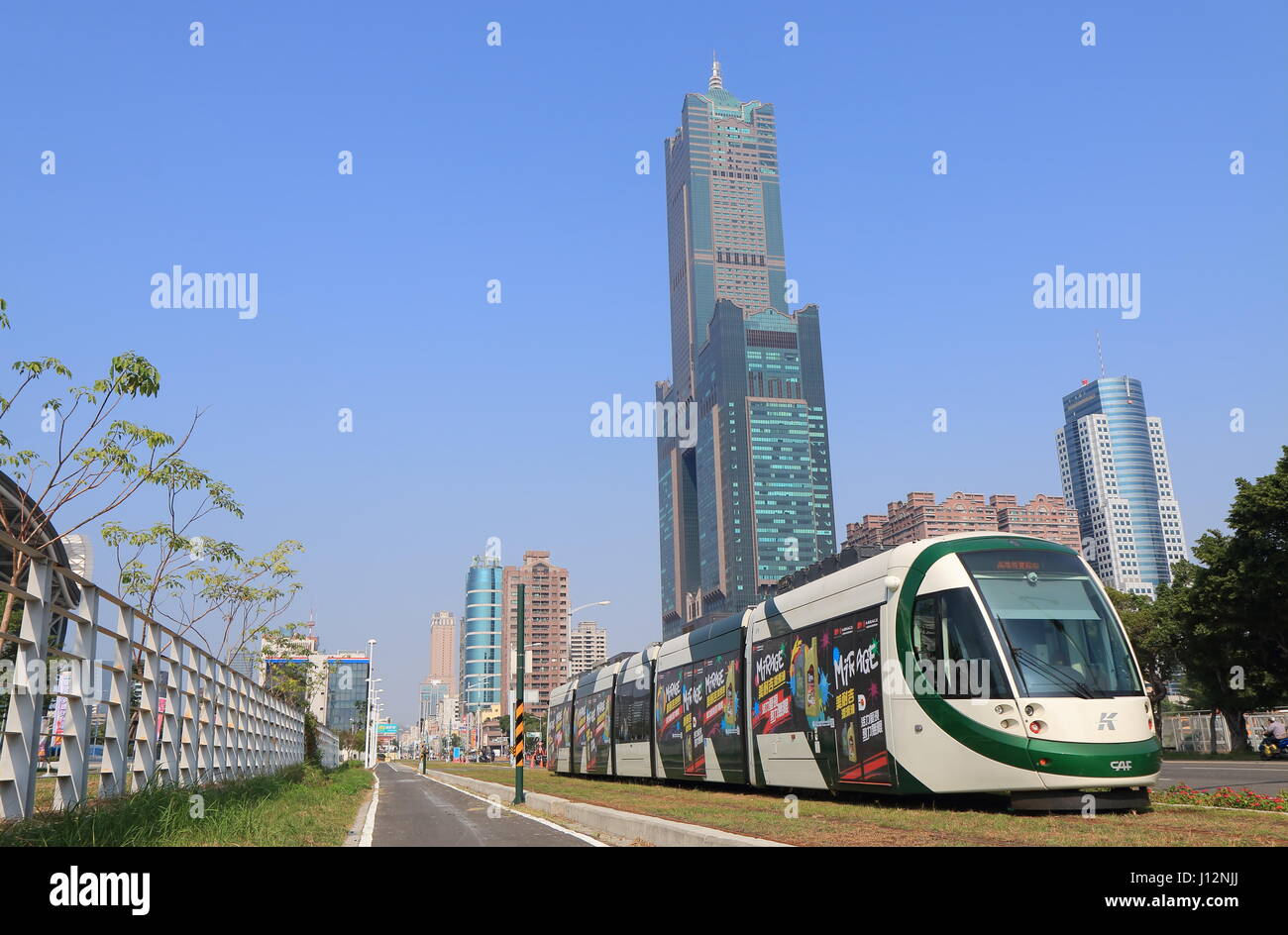Light Rail transit LRT train runs through downtown Kaohsiung Taiwan ...