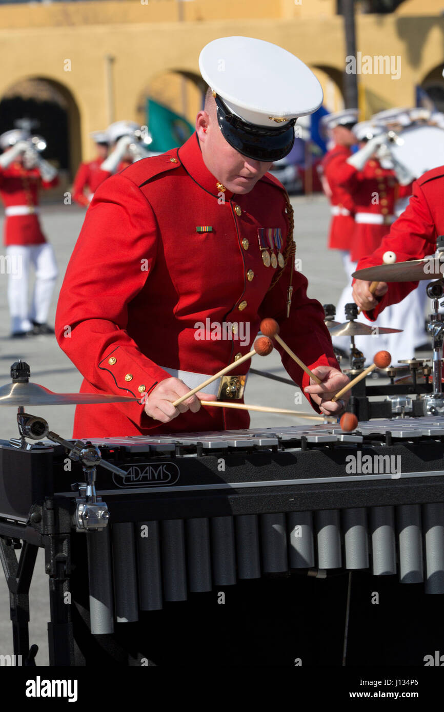 A U.S. Marine with the Marine Drum and Bugle Corps, Battle Color ...