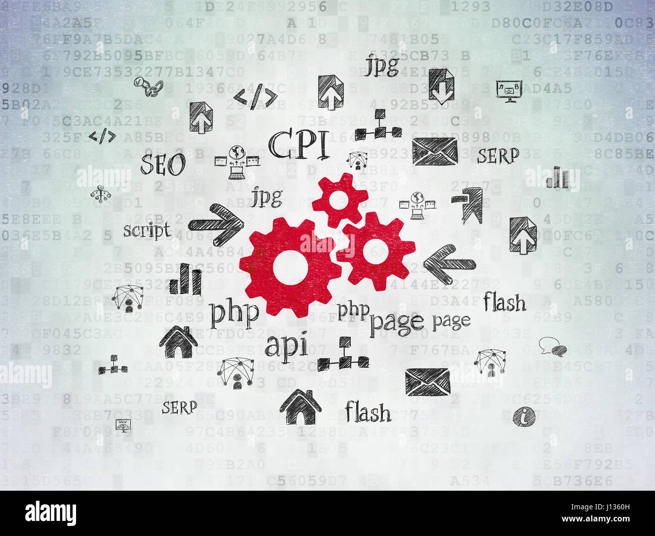 Web development concept: Gears on Digital Data Paper background Stock ...