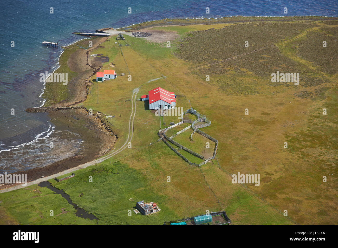 Aerial view of farm buildings in the settlement on Bleaker Island in ...