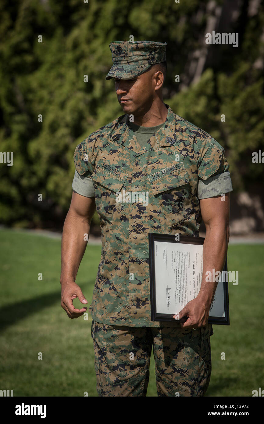 Newly promoted U.S. Marine Corps Master Sgt. Anthony Mendoza, anti ...
