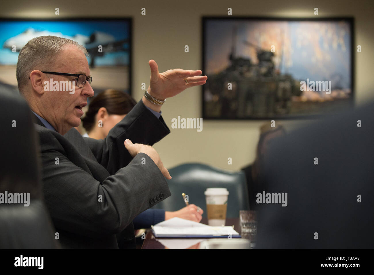 Deputy Defense Secretary Bob Work speaks during a round table with key ...