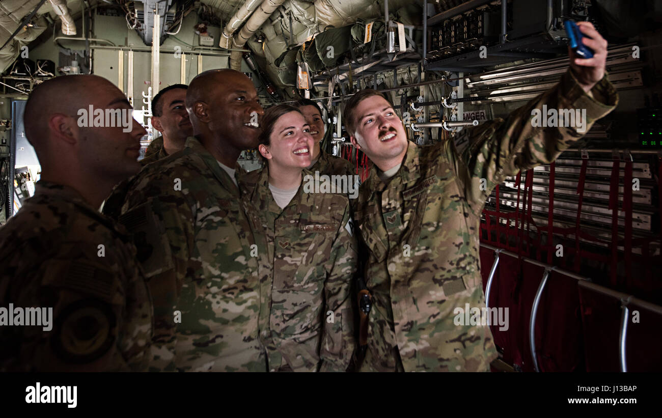Chief Master Sgt. of the Air Force Kaleth O. Wright takes a photo with 455th Expeditionary ...