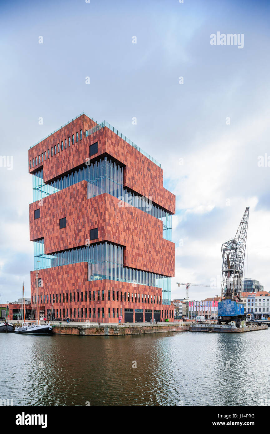 Full height view of the MAS - museum aan de stroom, Antwerp, Belgium ...