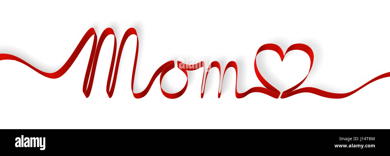 A red ribbon forming the word 'mom'. Isolated on a white background ...