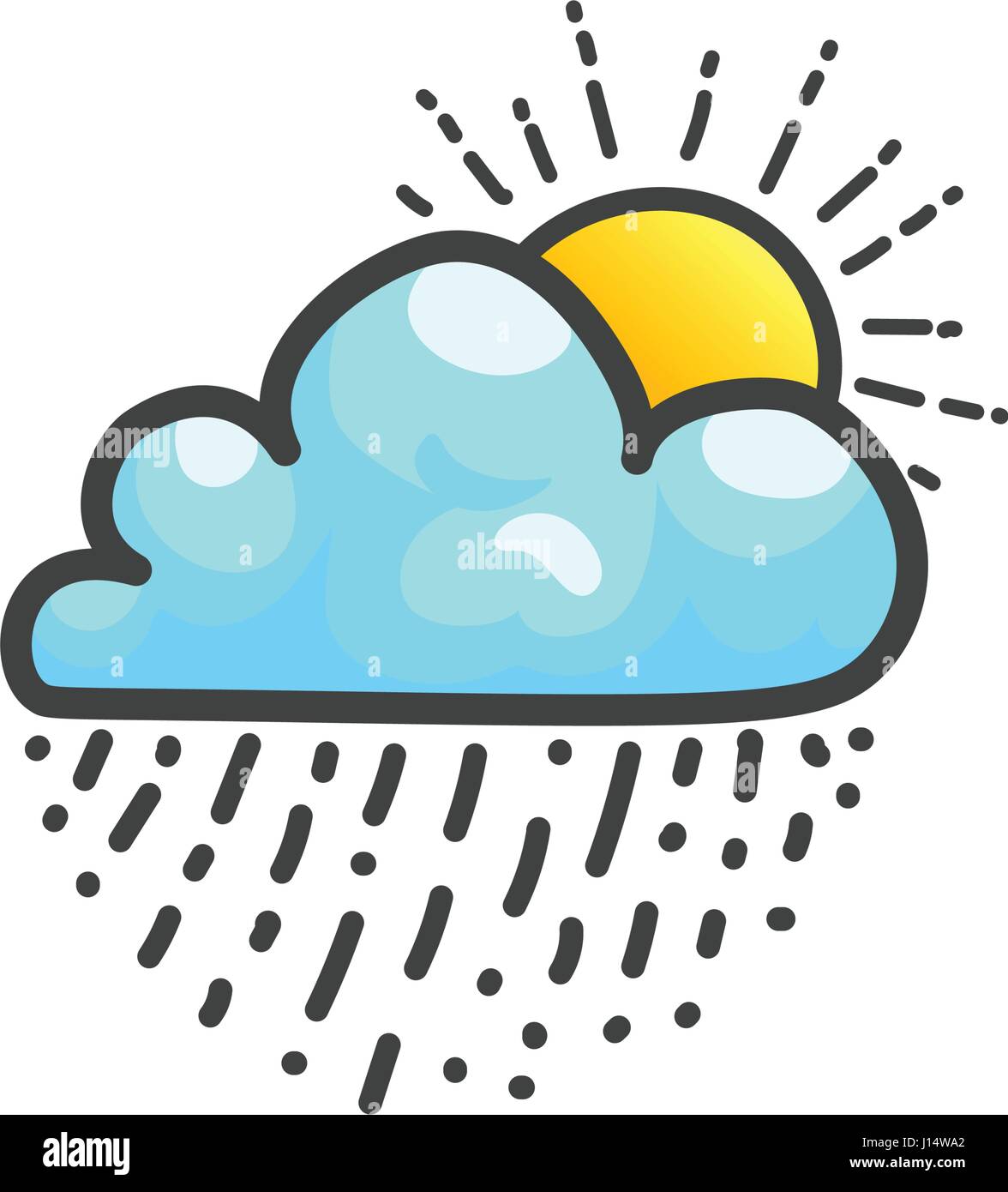 Cloud with rain drops and shining sun. Weather icon, vector hand drawn ...
