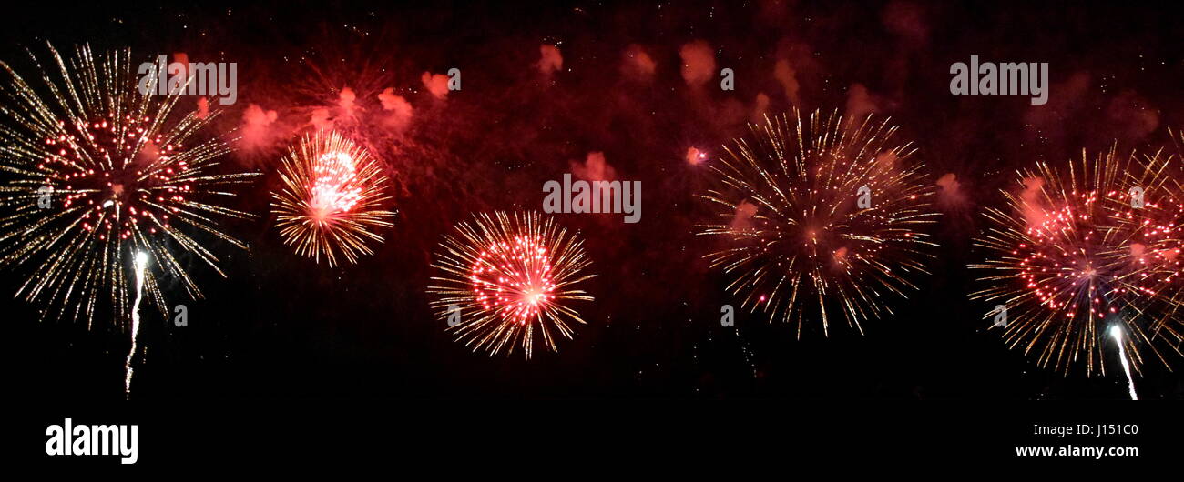 Festive fireworks in night sky. A single shot of the colorful fireworks ...