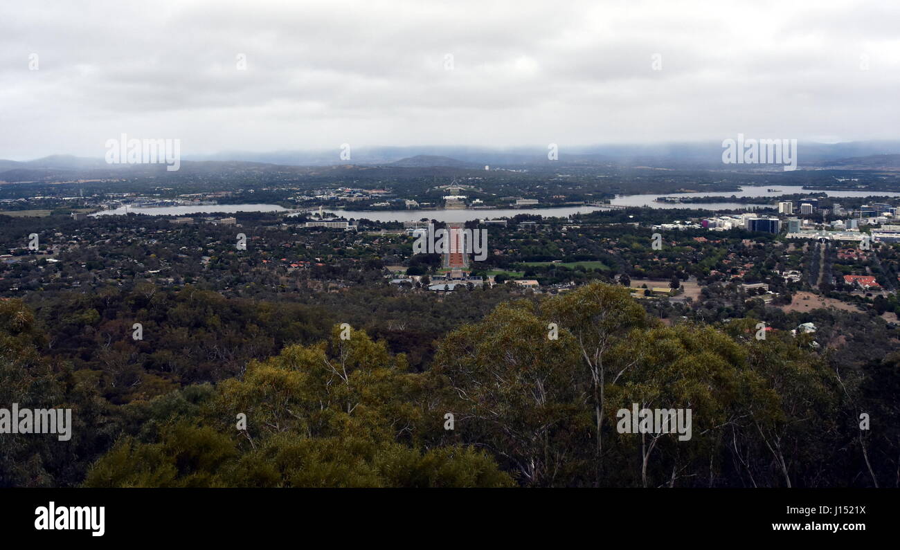 Panoramic view of Canberra, Australia in daytime from Mount Ainslie ...