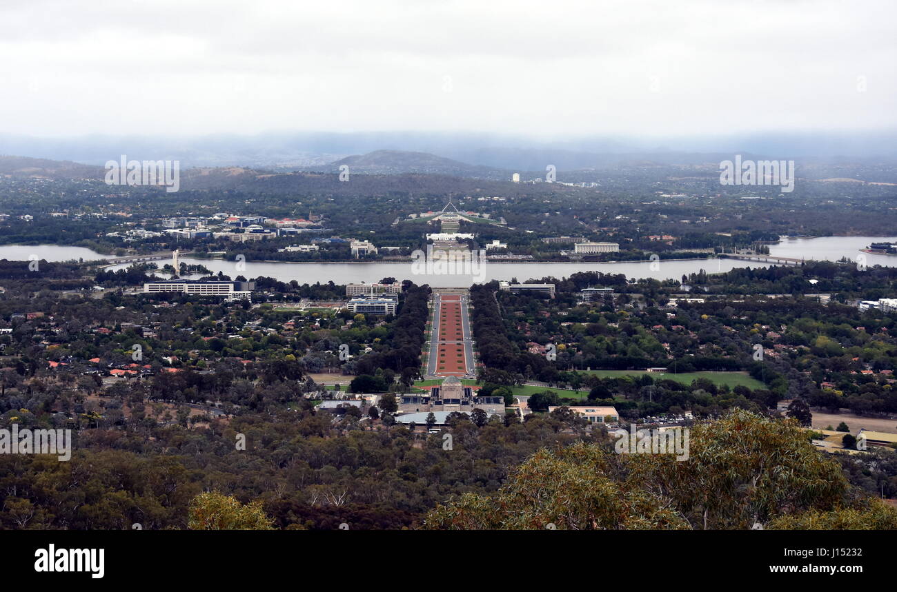 Panoramic view of Canberra, Australia in daytime from Mount Ainslie ...