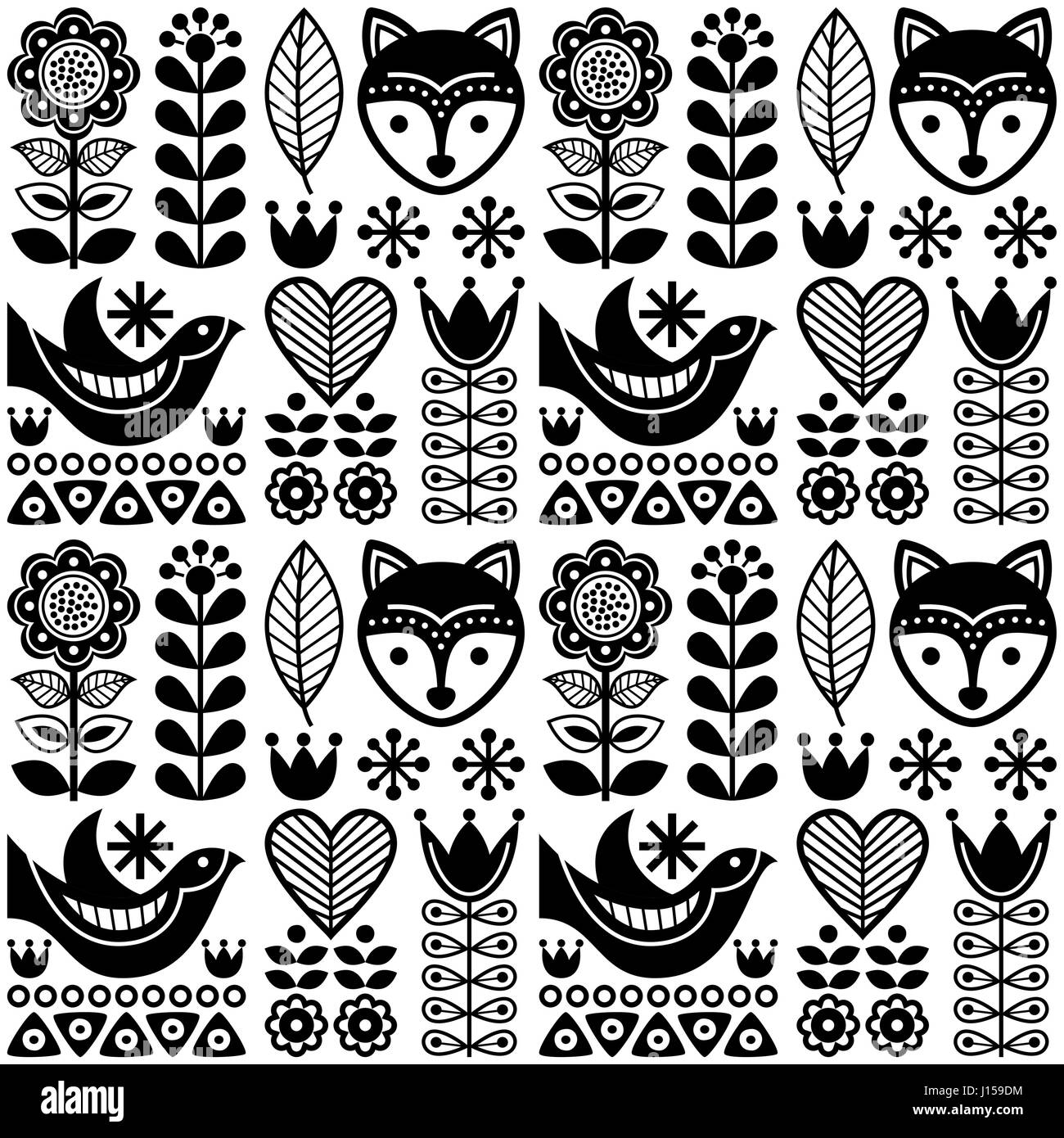 Scandinavian seamless folk art pattern - black Finnish design, Nordic ...