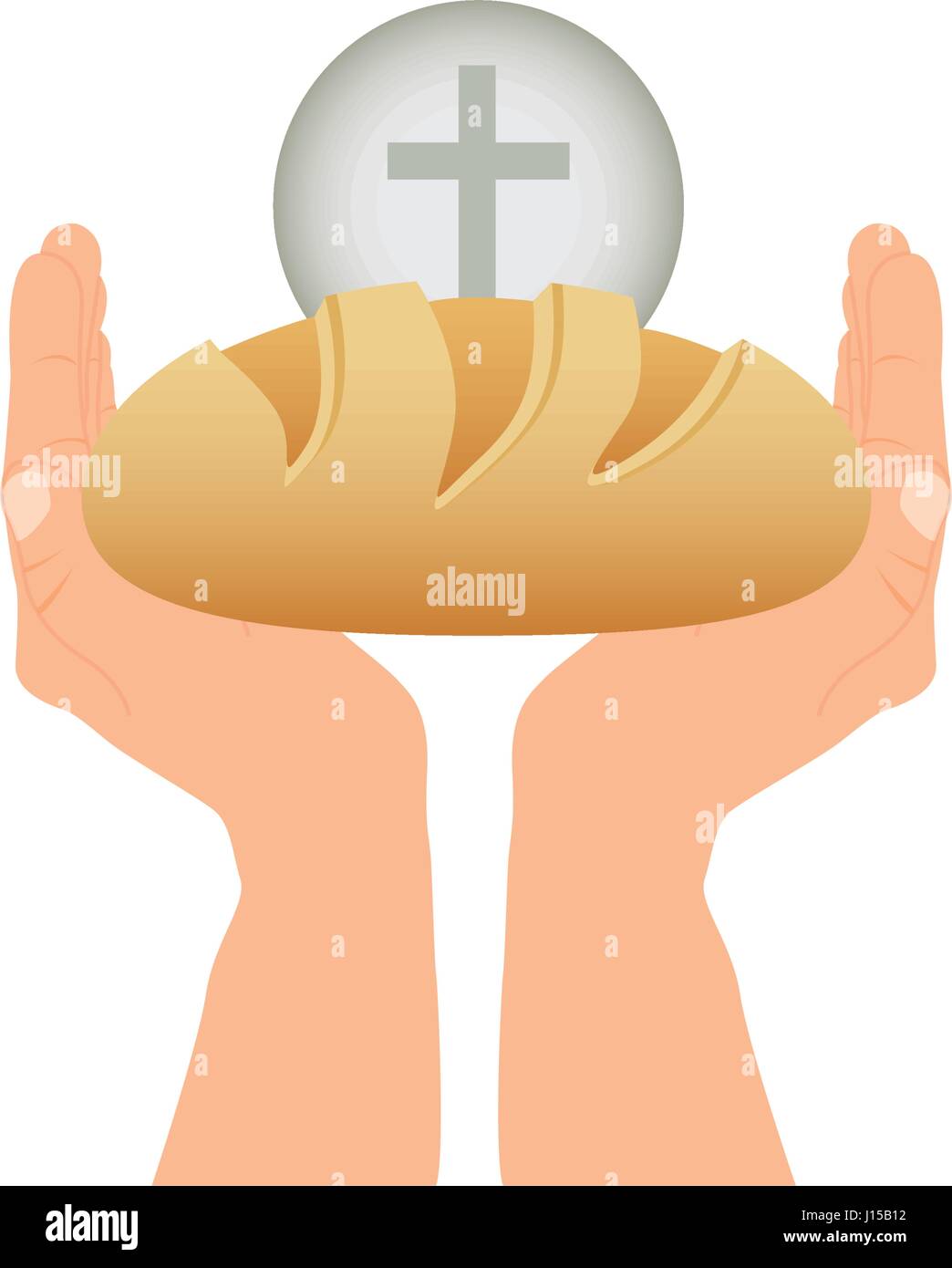color silhouette of hands holding bread with sphere with cross symbol ...