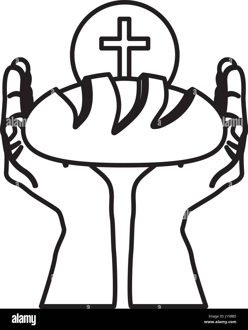 black silhouette of hands holding bread and sphere with cross symbol in ...