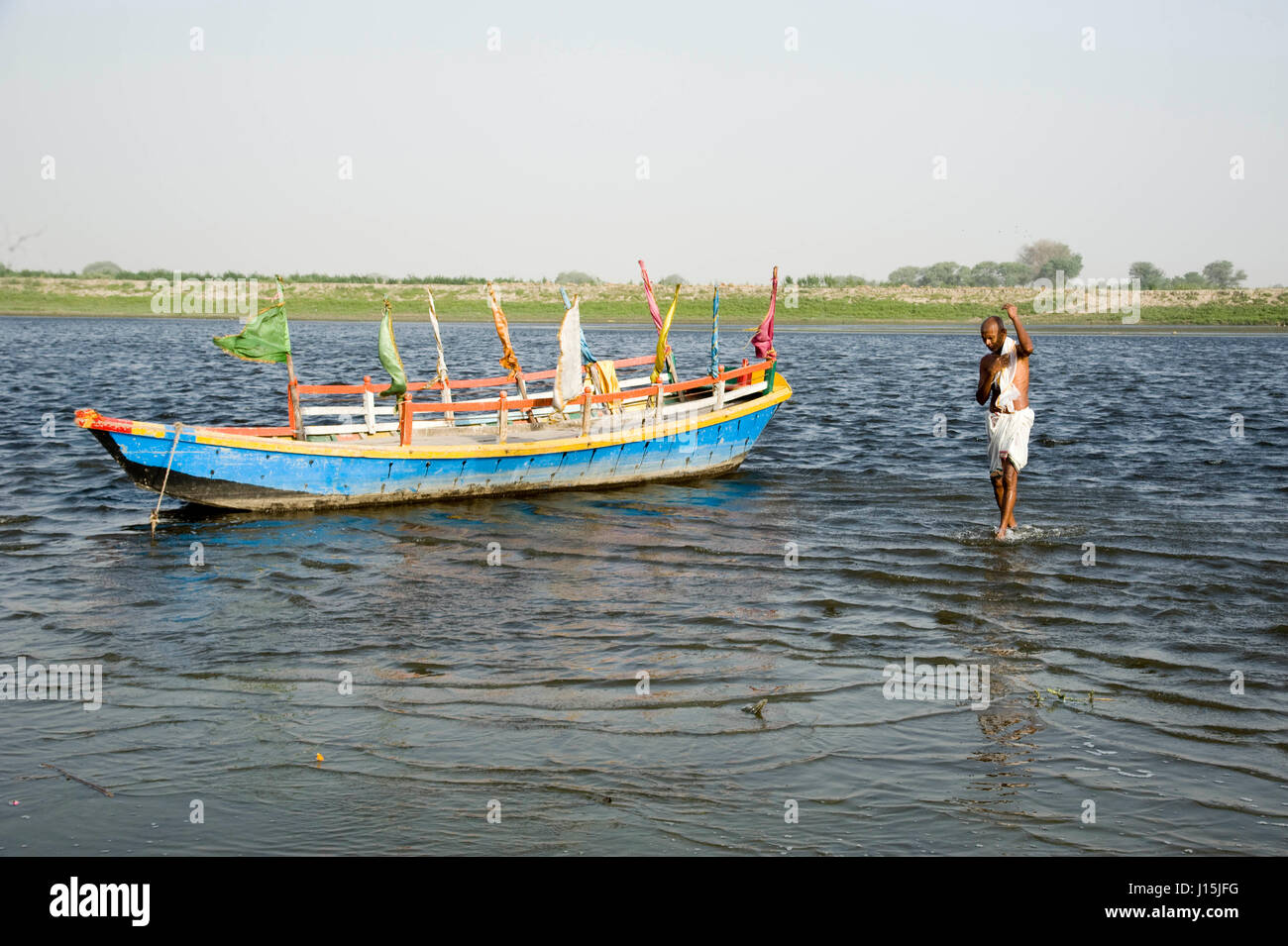 Boat on yamuna river, vrindavan, mathura, uttar pradesh, india, asia ...
