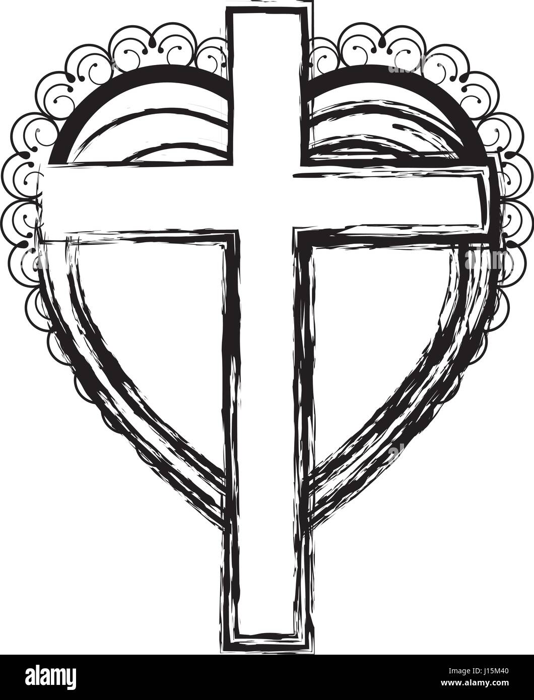 blurred silhouette heart decorative frame with wooden cross Stock ...