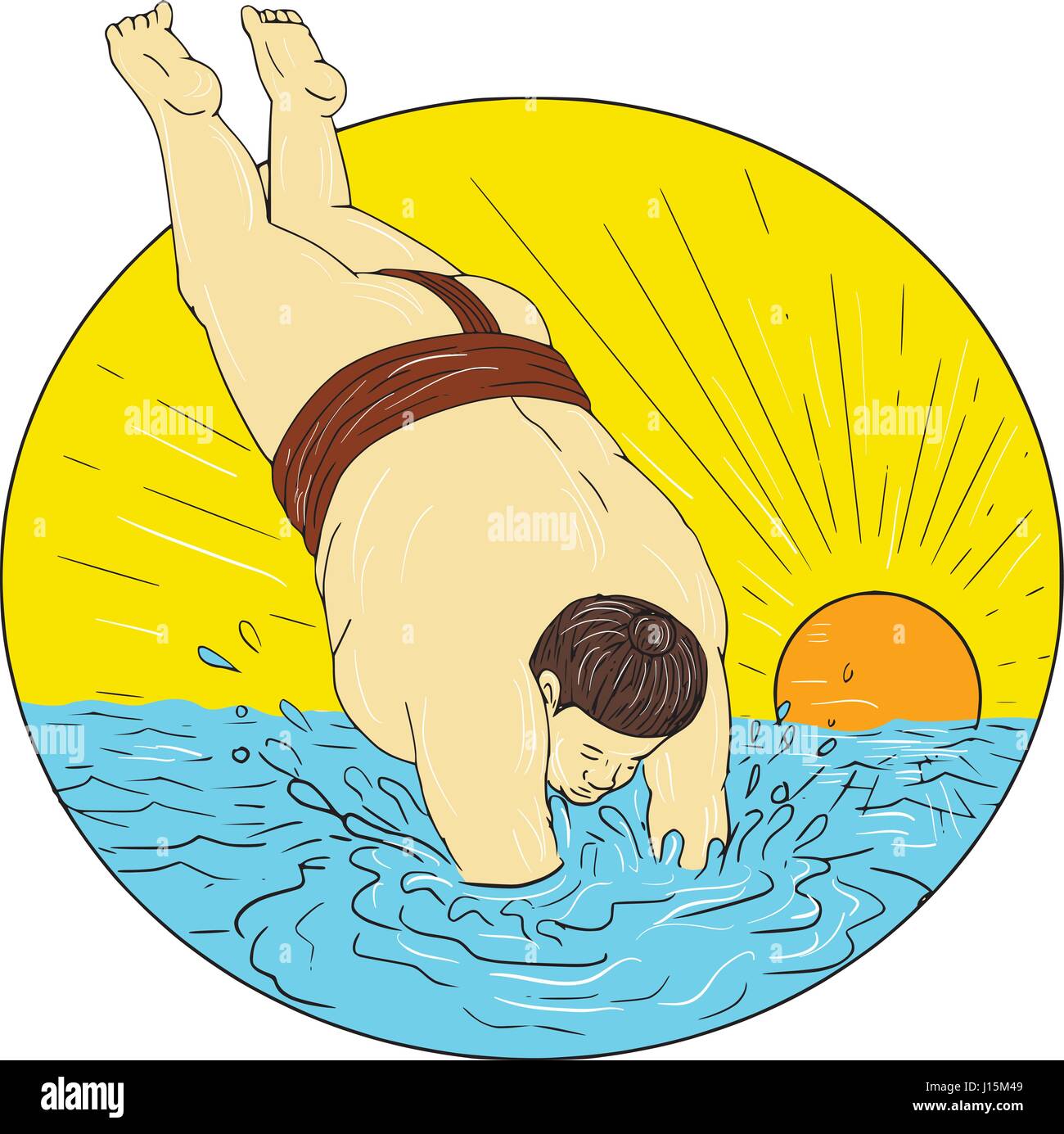 Drawing sketch style illustration of a Japanese sumo wrestler diving ...