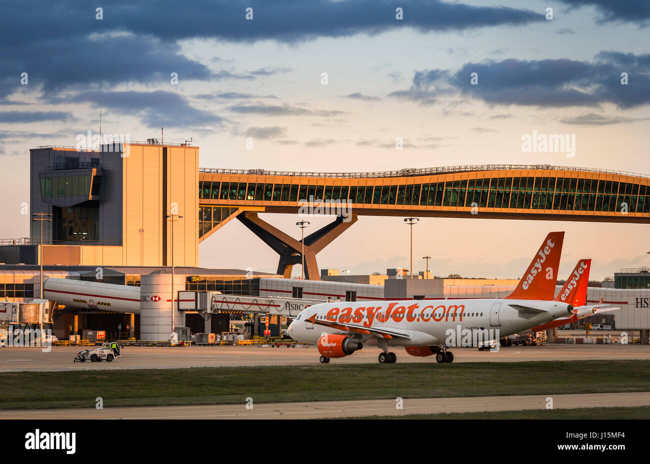 Easyjet plane waiting on the apron at Gatwick airport, near London ...