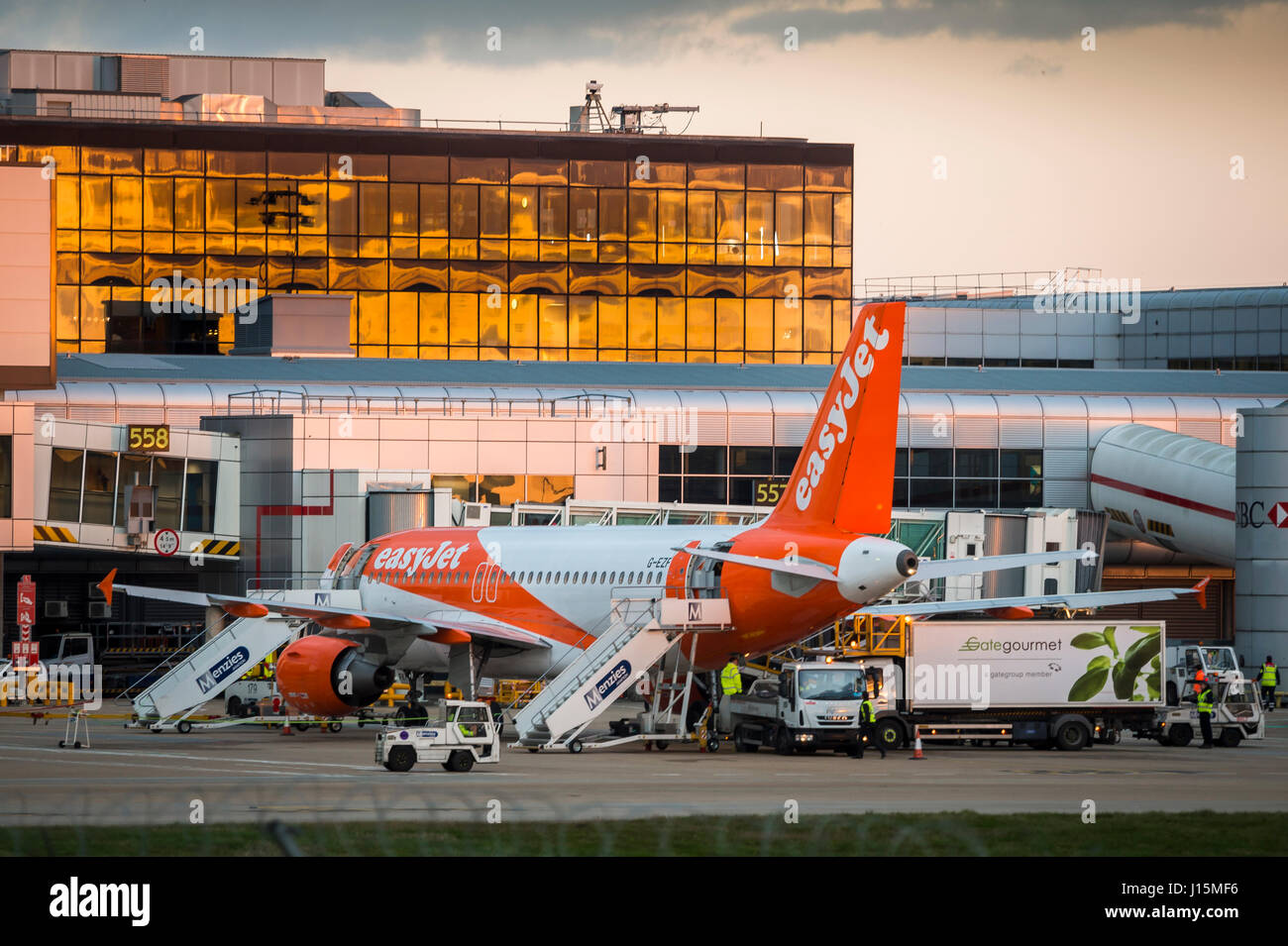 Easyjet plane waiting on the apron at Gatwick airport, near London ...