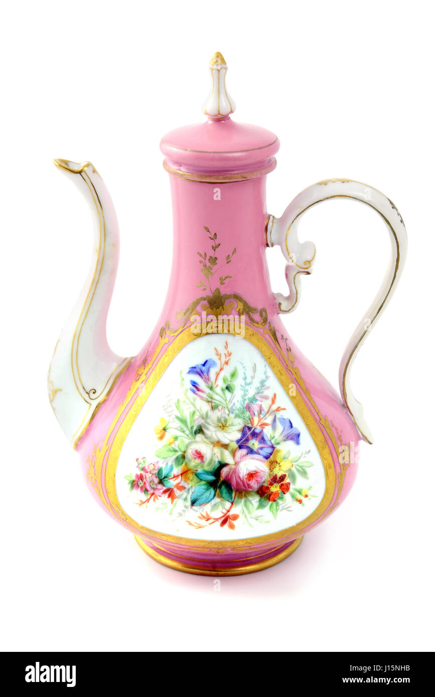 antique pink coffee pot made of porcelain. floral decoration of german ...