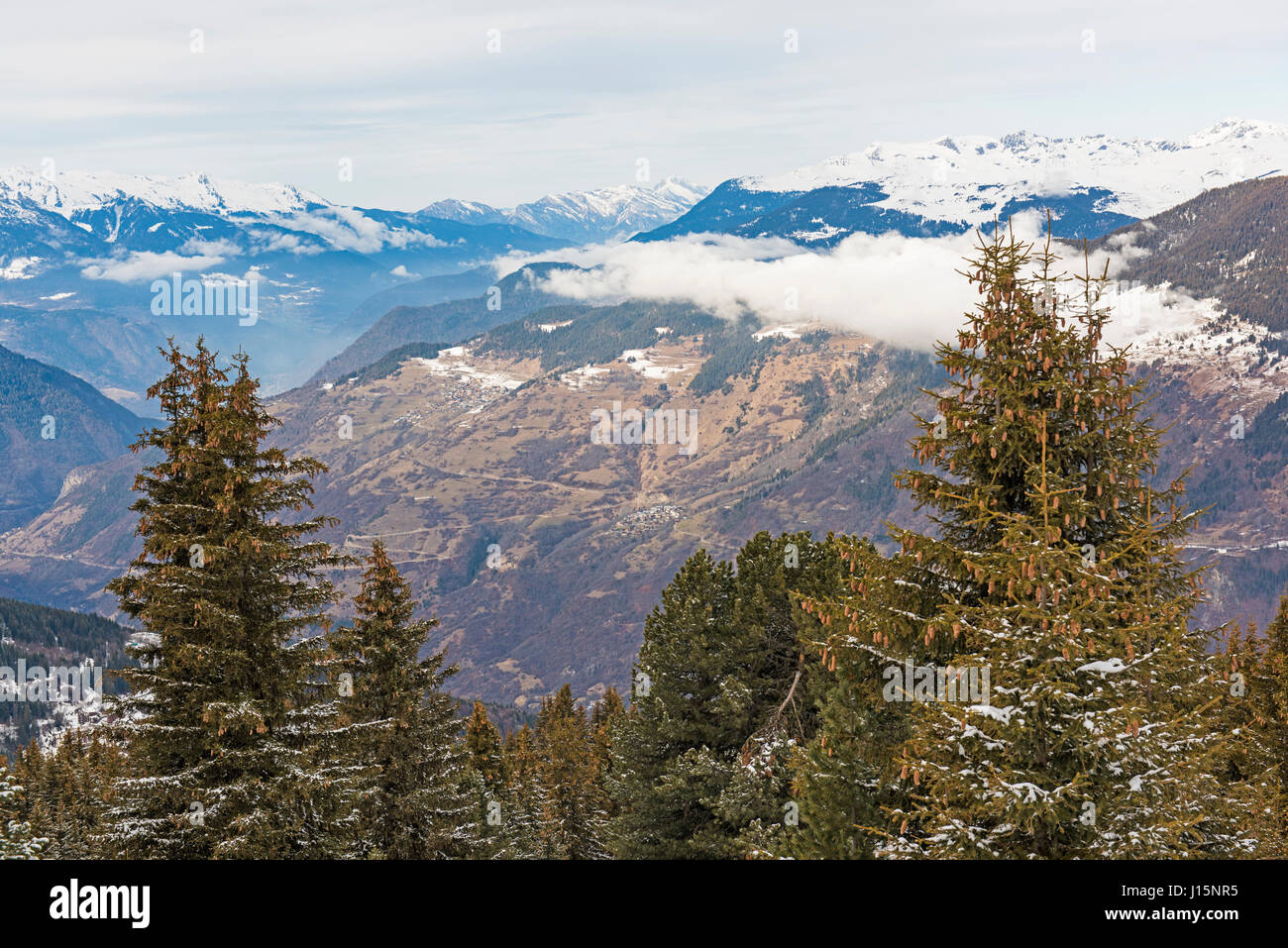 Panoramic aerial view of valley slope in alpine mountain range with ...