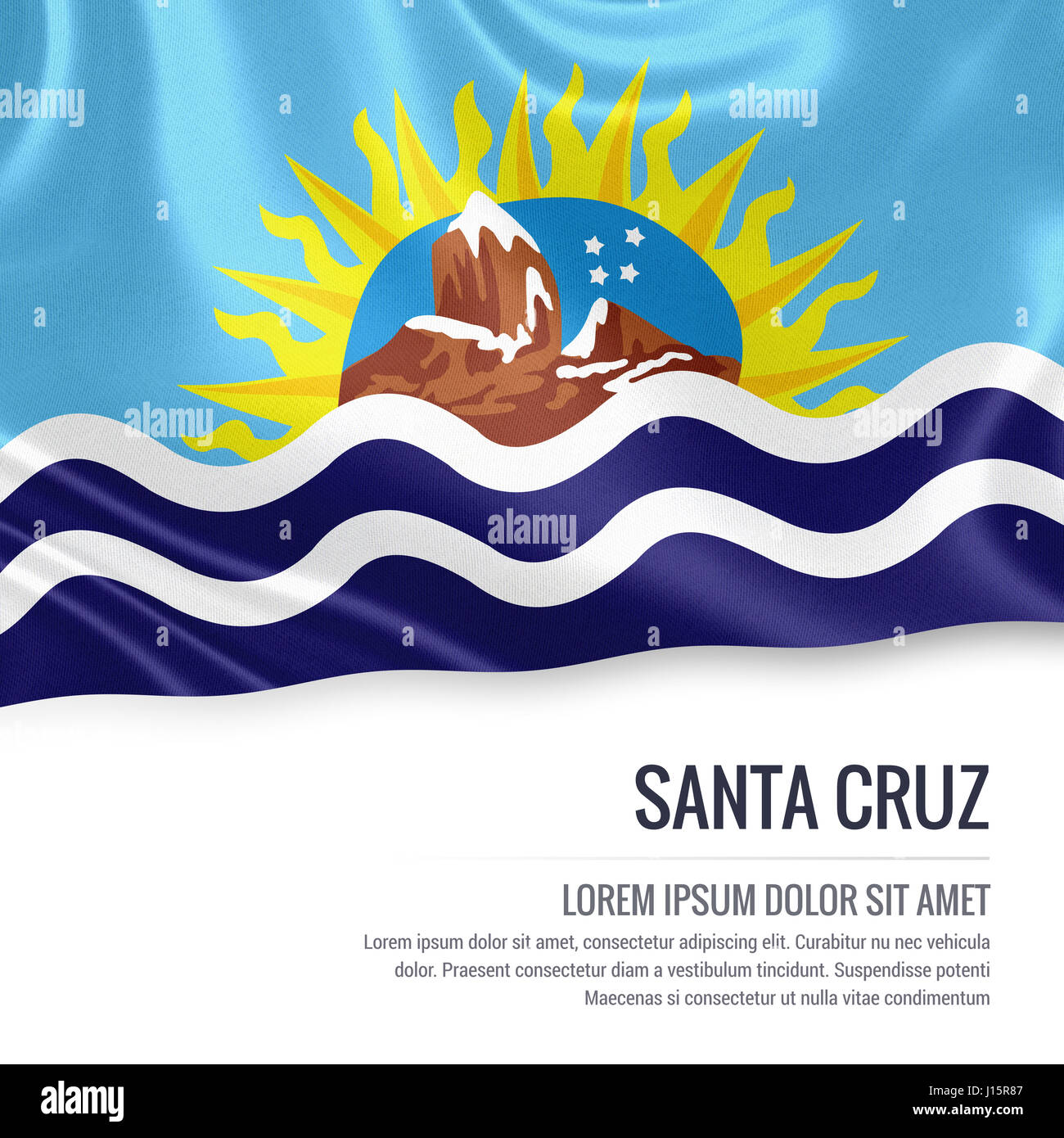 Flag of Argentinian state Santa Cruz waving on an isolated white ...