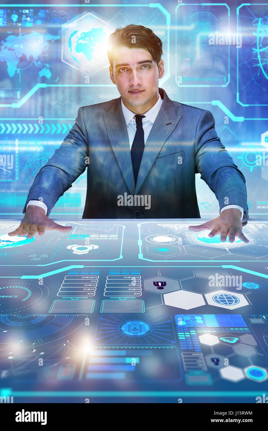 Man pressing virtual button in data mining concept Stock Photo - Alamy