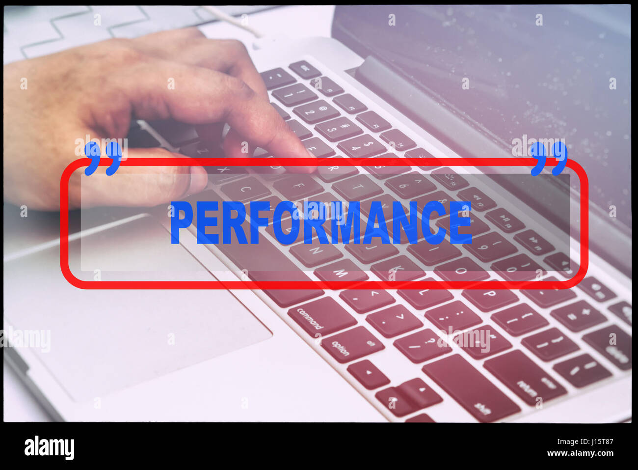 Hand and text "PERFORMANCE" with vintage background. Technology concept ...