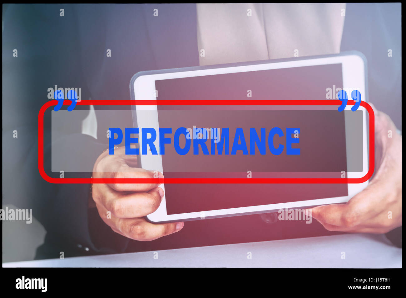 Hand and text "PERFORMANCE" with vintage background. Technology concept ...