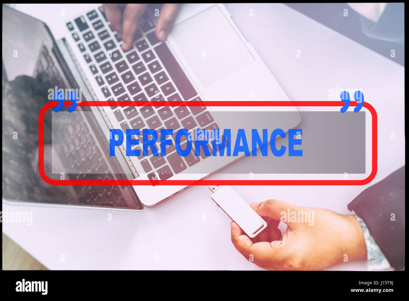 Hand and text "PERFORMANCE" with vintage background. Technology concept ...