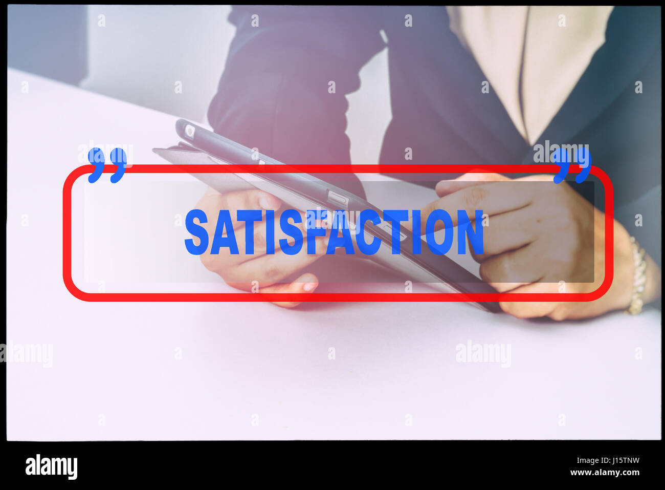 Hand and text "SATISFACTION" with vintage background. Technology ...