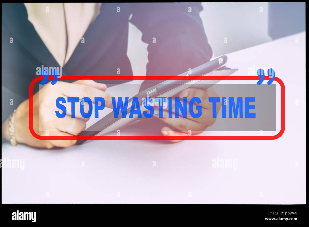 Hand and text "STOP WASTING TIME" with vintage background. Technology ...