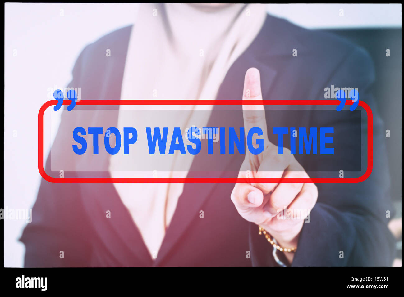 Hand and text "STOP WASTING TIME" with vintage background. Technology ...